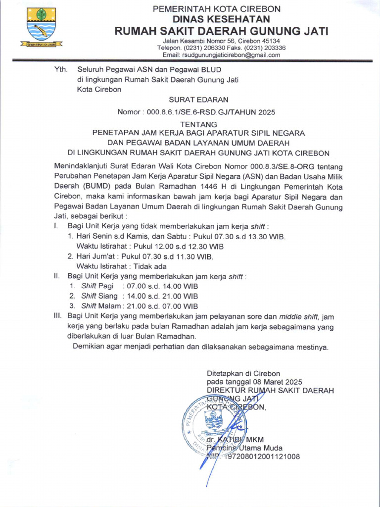 Surat Edaran 000.8.6.1, Se.6-Rsd - GJ, Tahun 2025 Tentang Penetapan Jam Kerja Bagi Aparatur ...