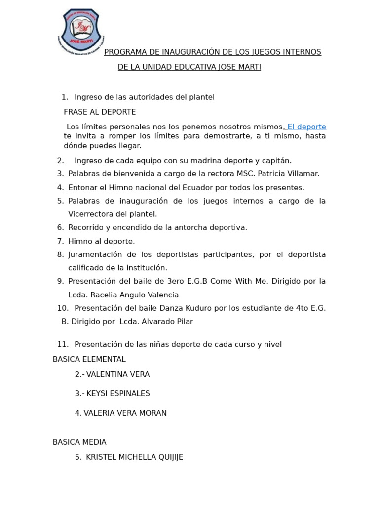 Programa de Olimpiadas de Escuela | PDF