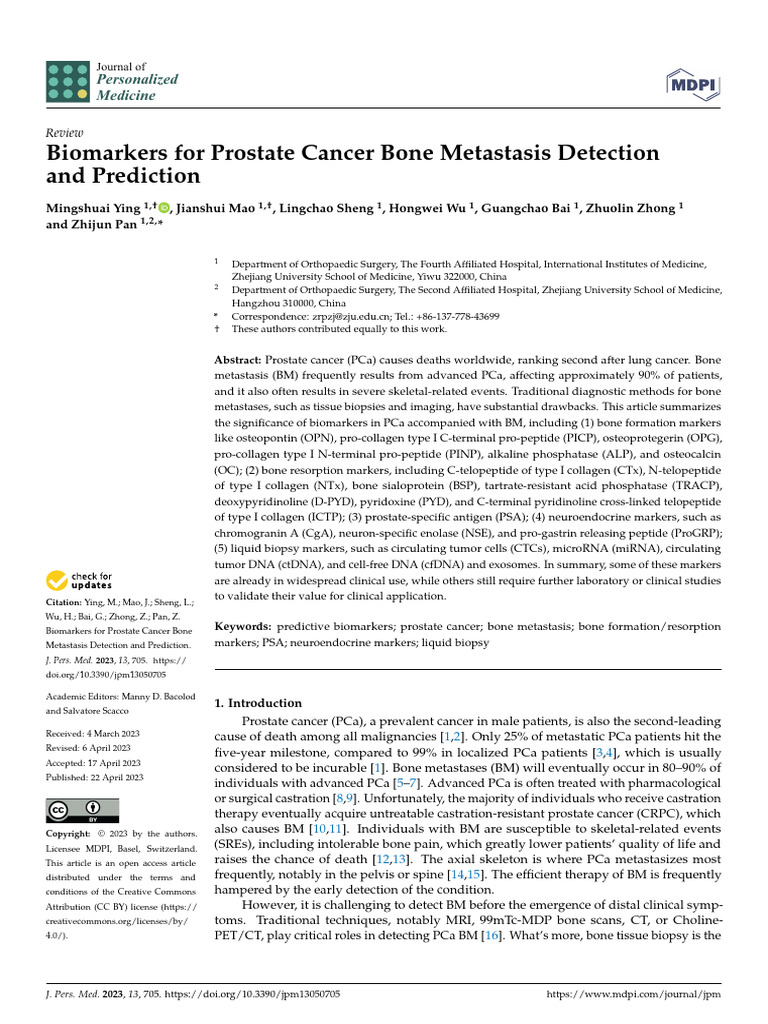 Biomarkers For Prostate Cancer Bone Metastasis Detection | PDF | Bone | Biomarker