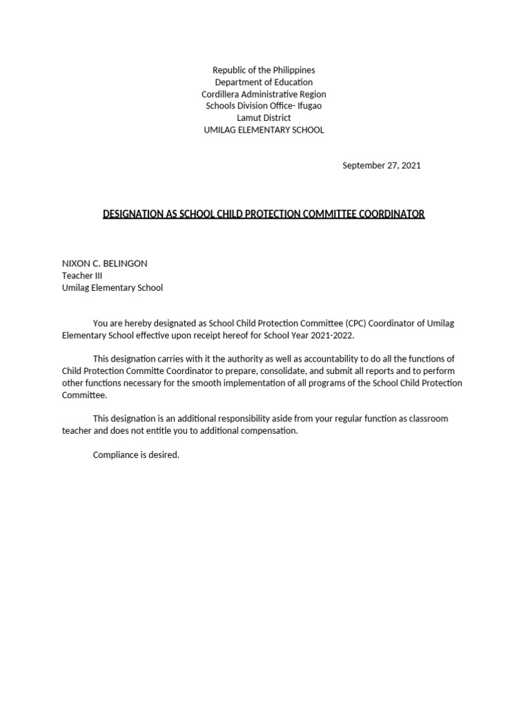 Designation As School Child Protection Committee Coordinator | PDF