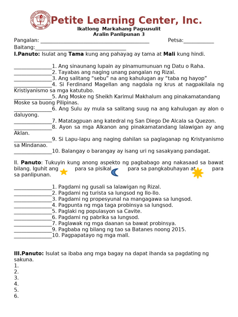 Grade 3-Araling Panlipunan Exam 3rd Quarterly | PDF