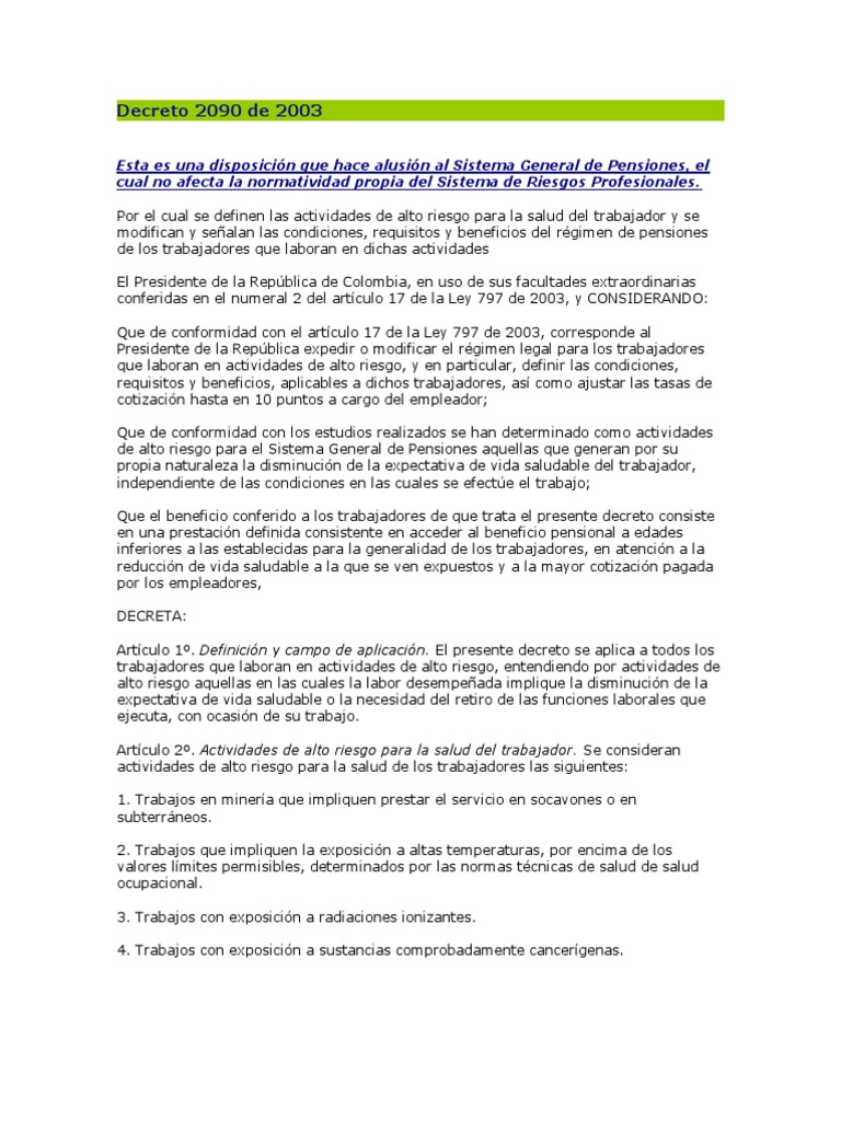 Decreto 2090 de 2003 | Pensión | Gobierno Decreto 2090 de 2003 | Pensión | Gobierno