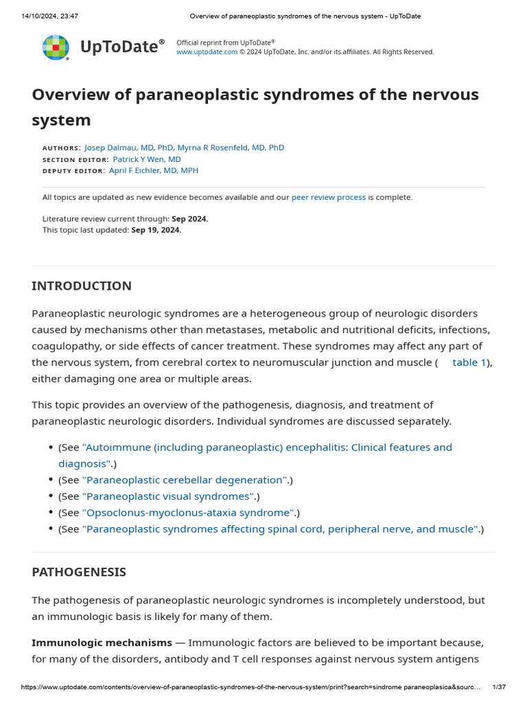 Overview of Paraneoplastic Syndromes of the Nervous System - UpToDate ...