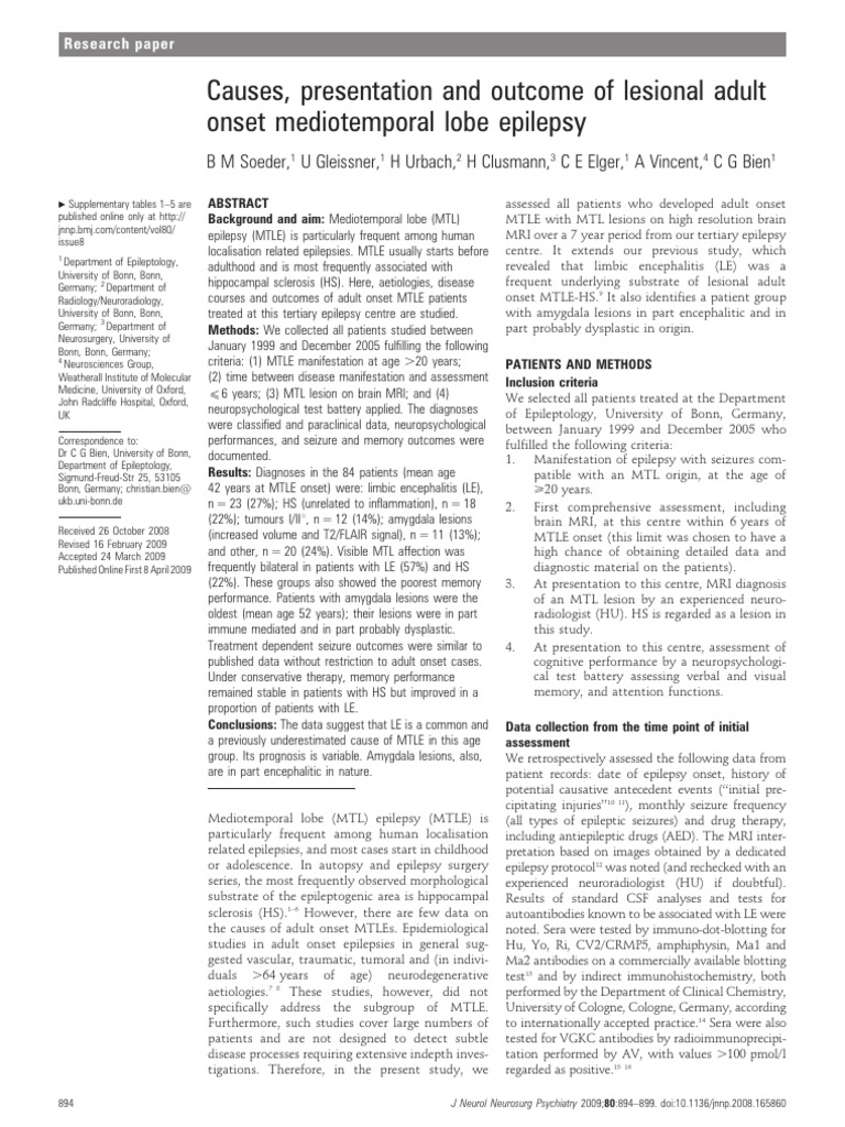 Causes, Presentation and Outcome of Lesional Adult | PDF | Epilepsy ...