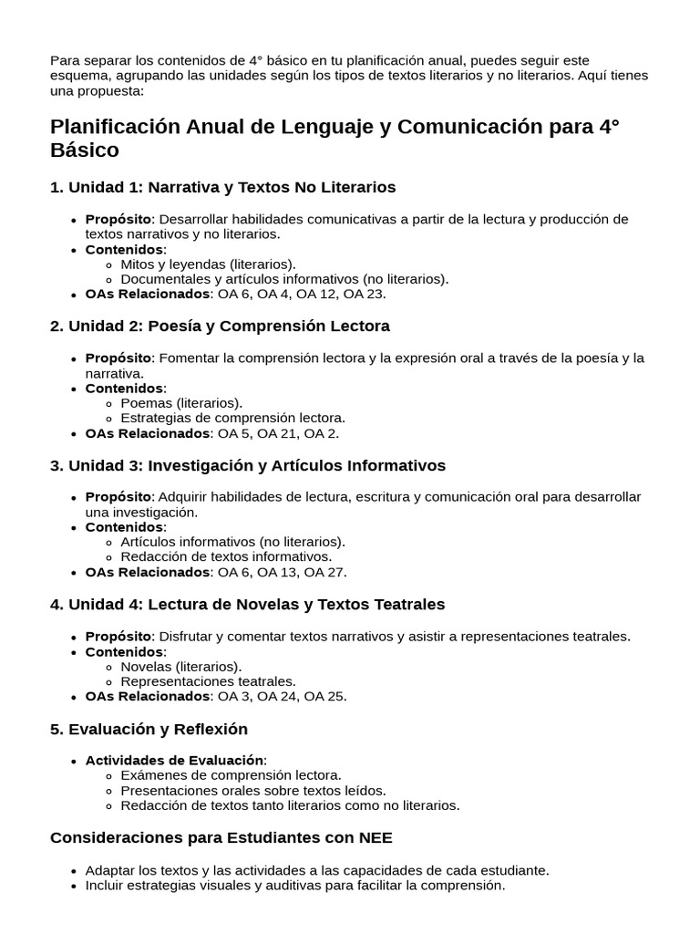Planificación Anual de Lenguaje y Comunicación para 4° Básico | PDF
