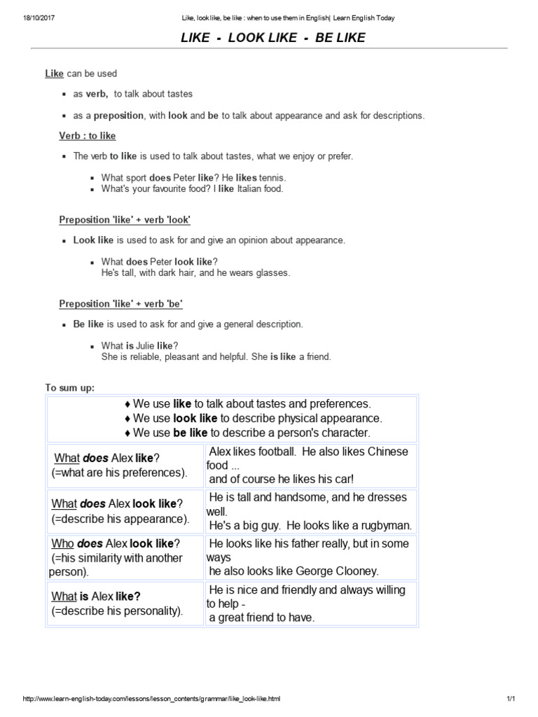 Using Like, Look Like, Be Like | PDF | Language Mechanics | Linguistic ...