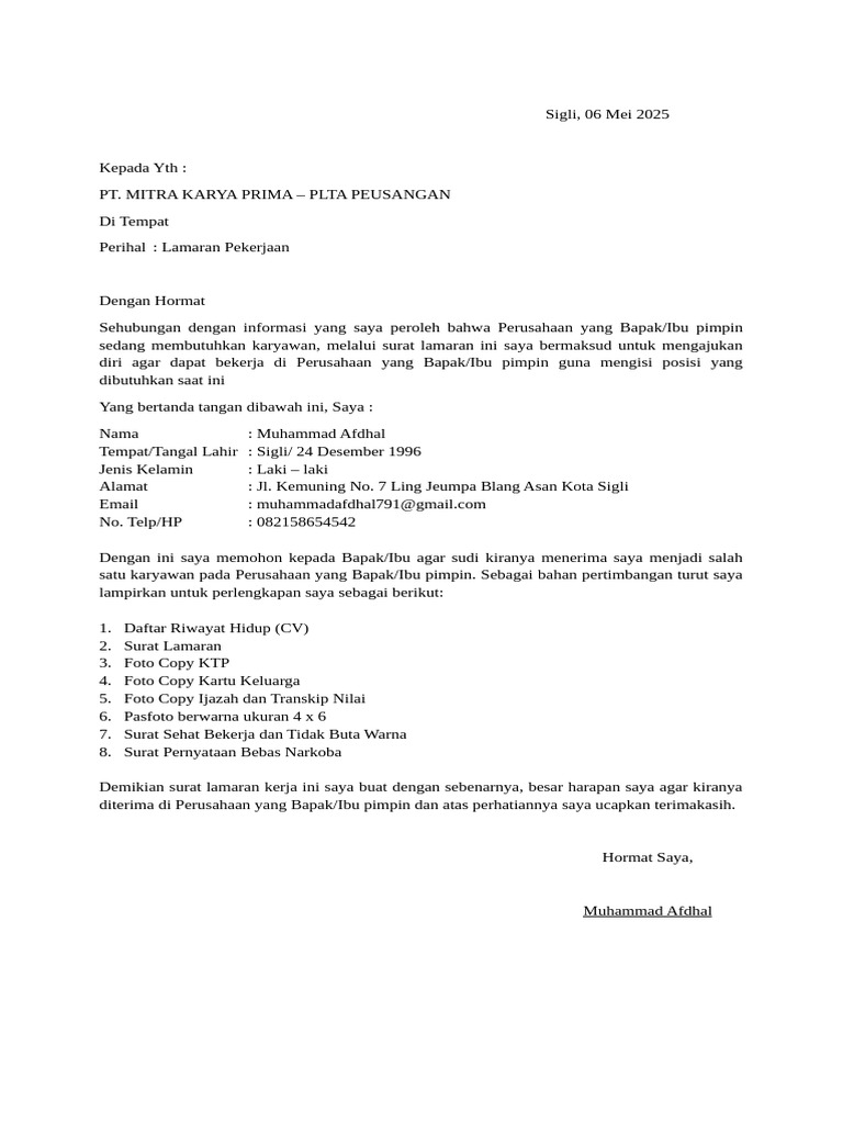 Lamaran Kerja Muhammad Afdhal | PDF
