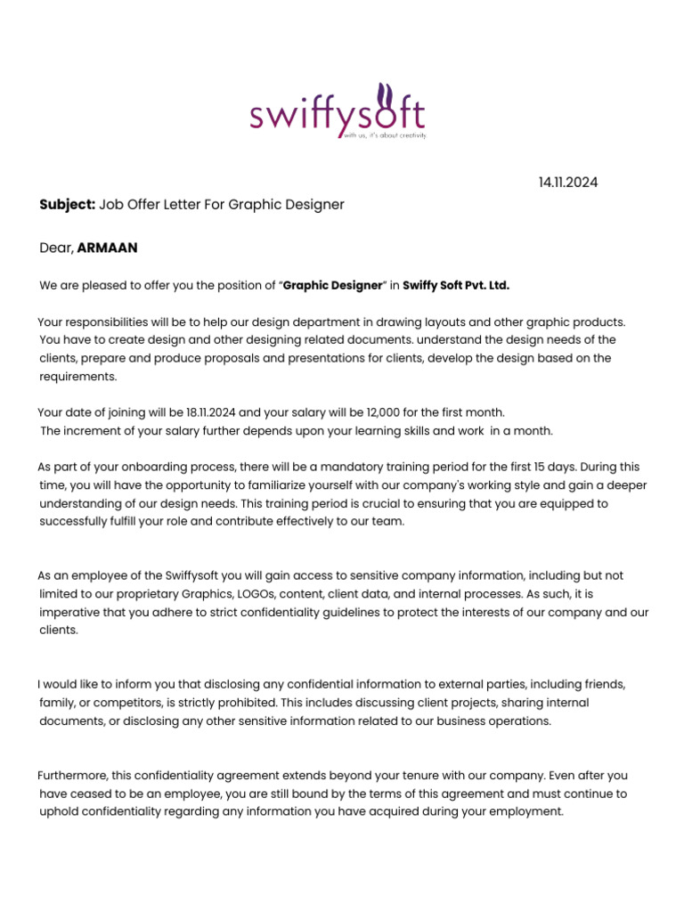 Graphic Designer Job Offer Letter | PDF | Business