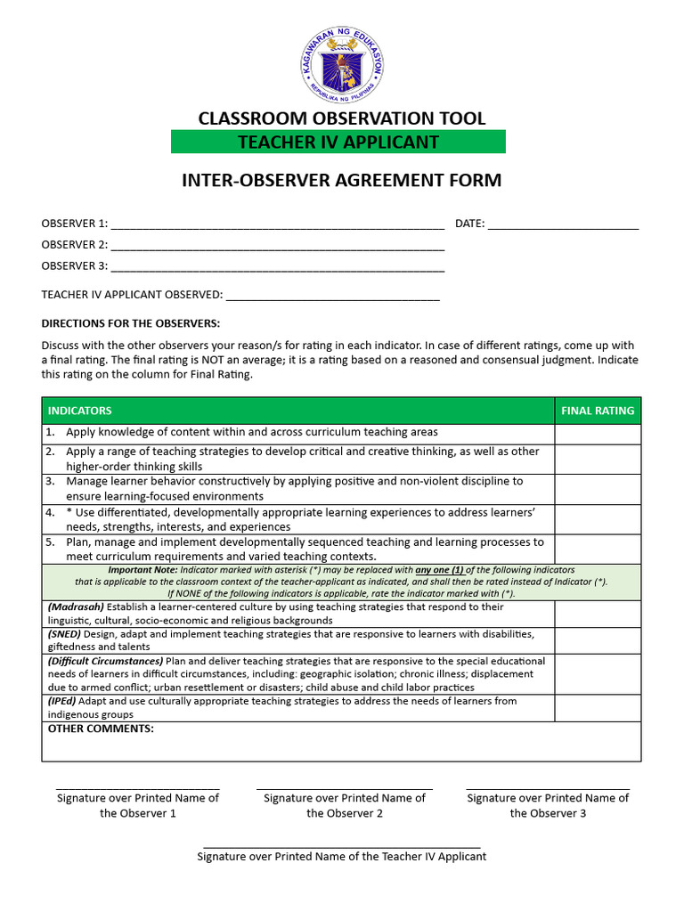 COT ECP Inter Observer Teacher IV | PDF | Learning | Curriculum