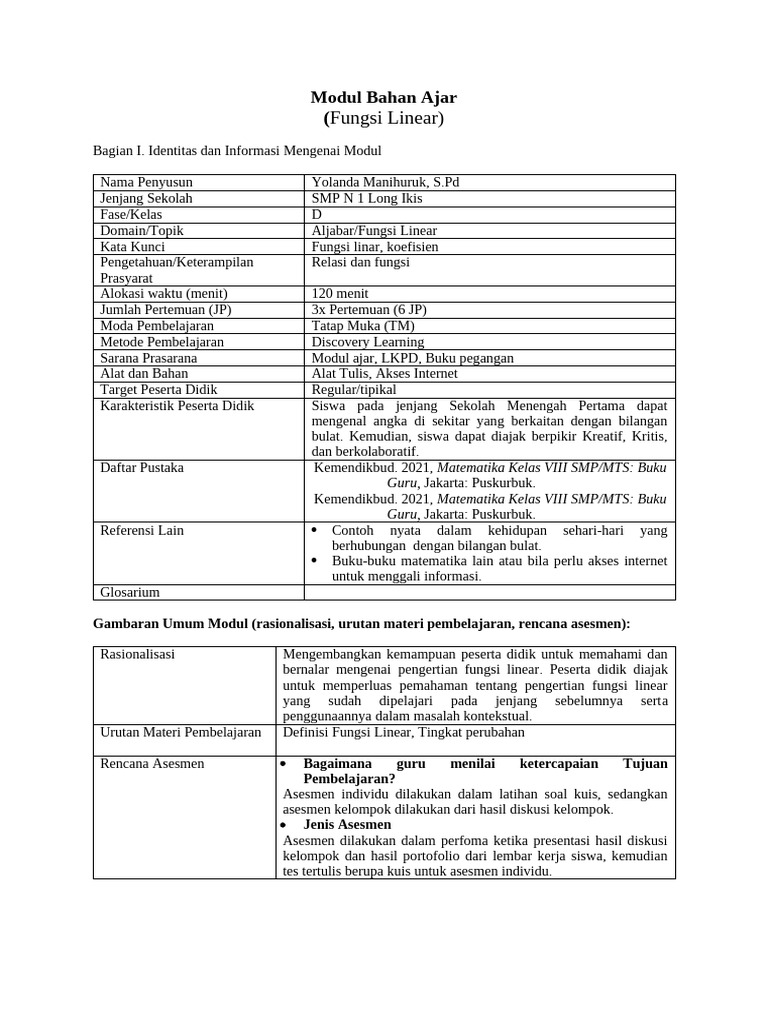 Modul Ajar Bab 3.1 Fungsi Linear 8JP | PDF
