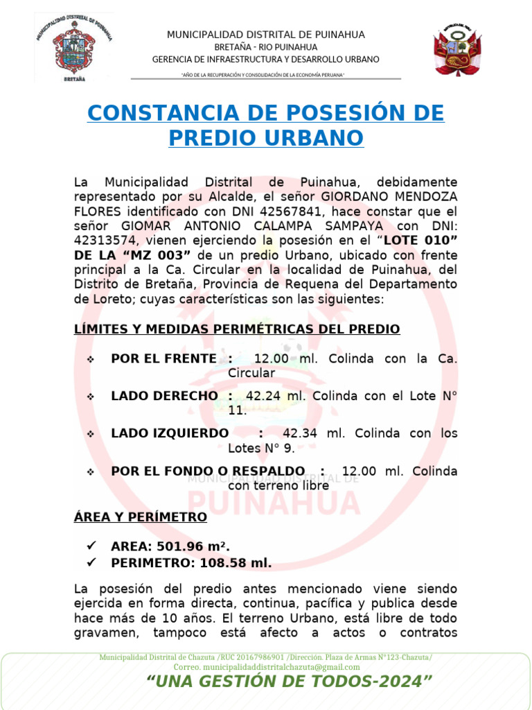 001 - Constancia - de Posesion - MZ - 003 - Lote - 10 - Giomar - Antonio - Calampa - Sampaya | PDF