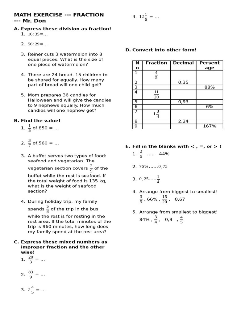MATH REVIEW FRACTION MR DON | PDF