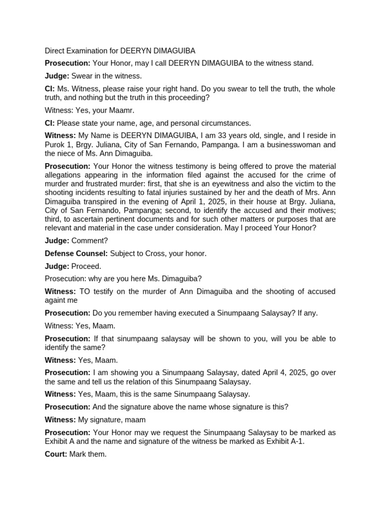 Direct Examination For DEERYN DIMAGUIBA | PDF | Witness | Prosecutor