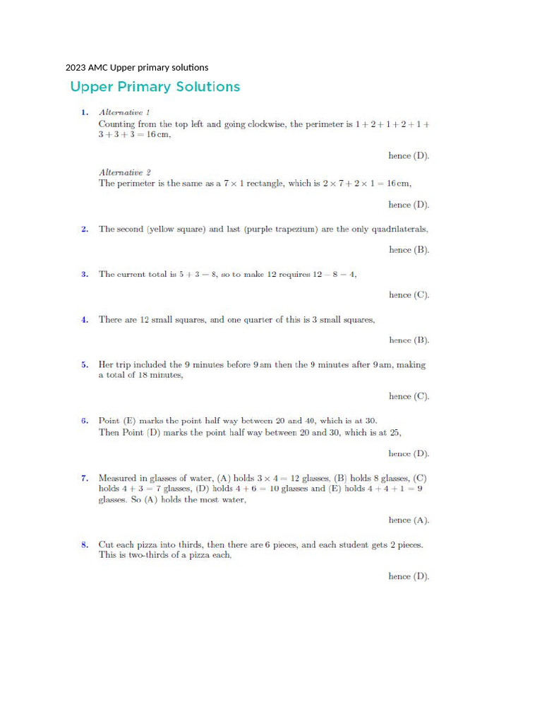 2023 AMC Upper Primary Solutions | PDF