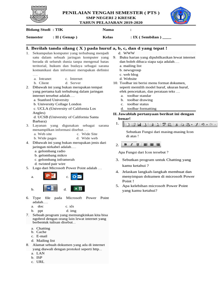Soal PTS TIK Kelas 9 Genap 19-20 | PDF