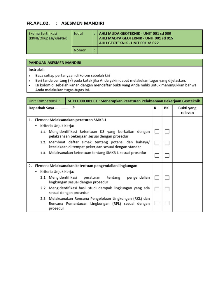 Formulir Apl 02 Asesmen Mandiri Pemohon SKK | PDF