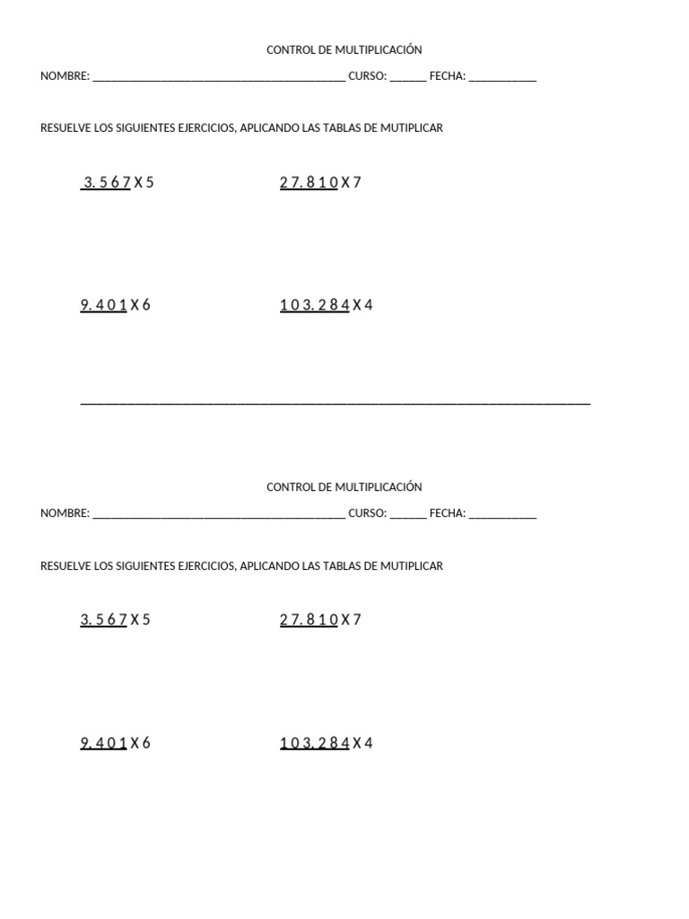 Control de Multiplicación para Tercer Grado | PDF