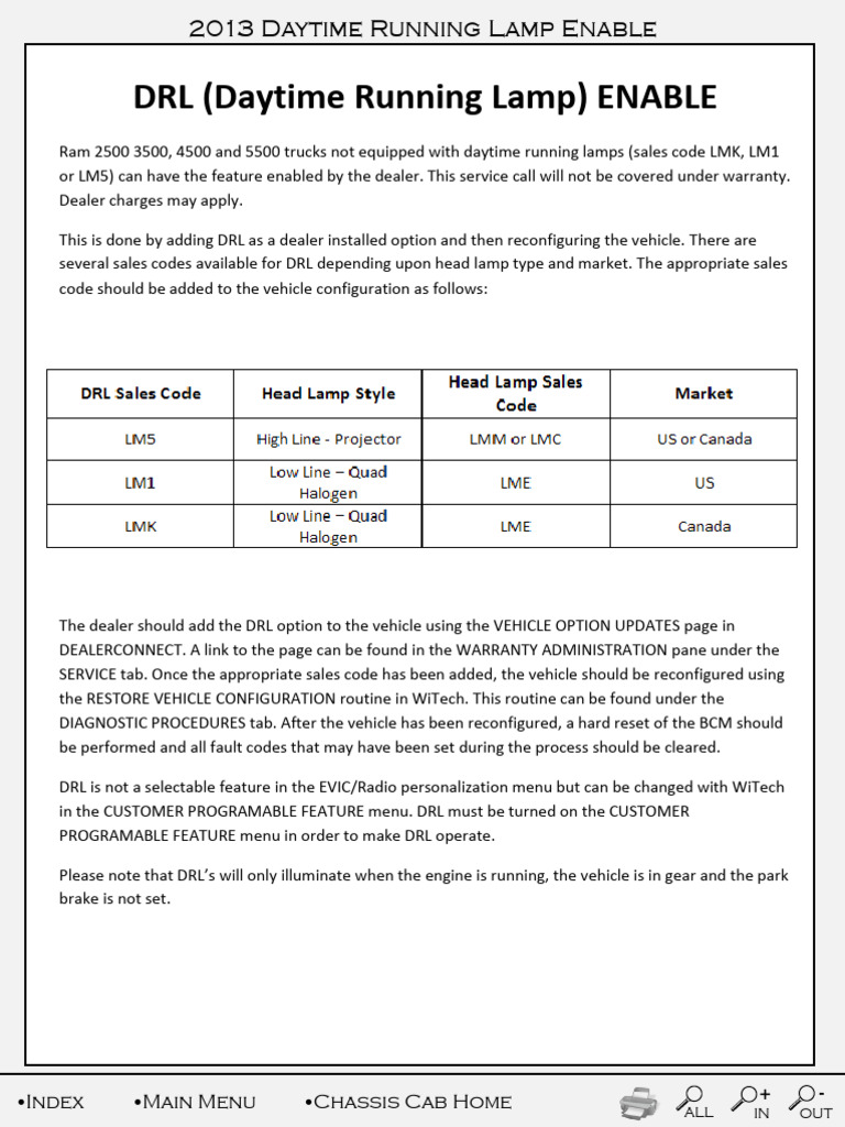 DRL (Daytime Running Lamp) ENABLE: Main Menu Index Chassis Cab Home | PDF