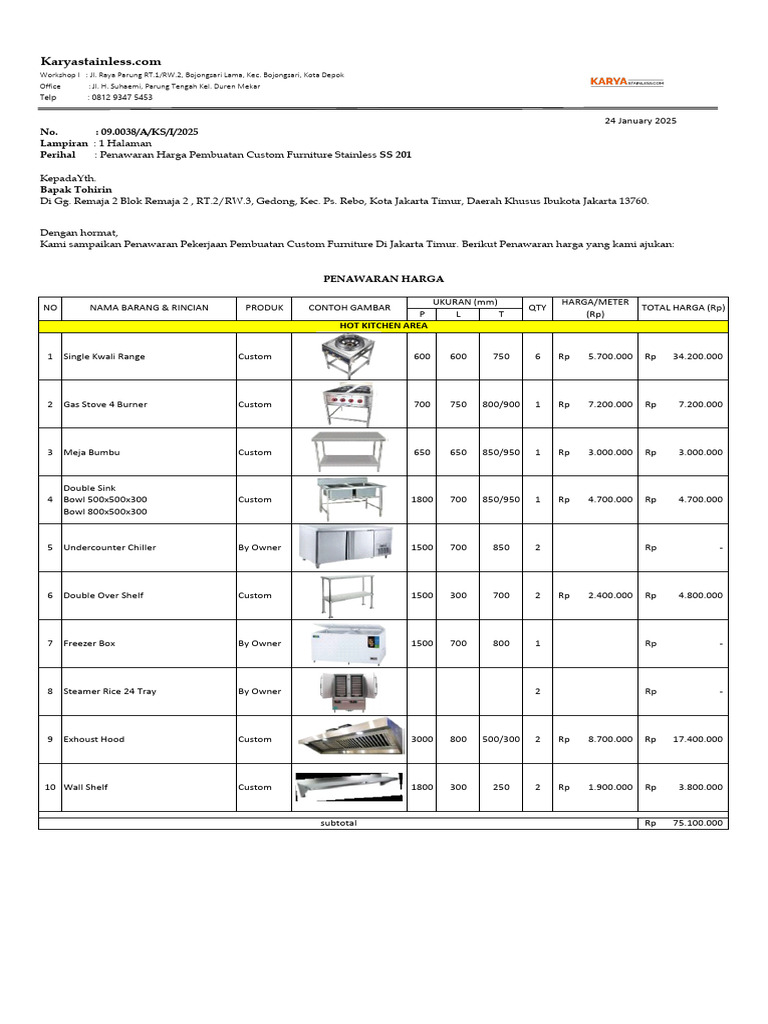 Penawaran Harga Custom Furniture Stainless Pak Tohirin - Ps. Rebo-1 | PDF