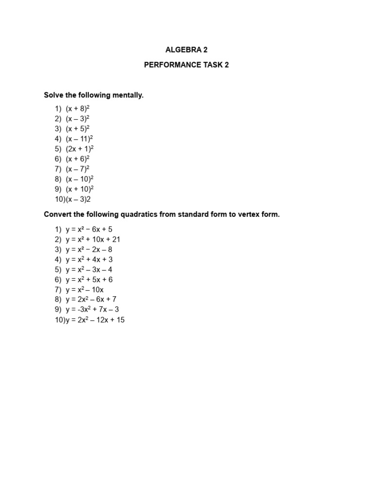 Algebra 2 - Q4 - Performance Task 2 | PDF