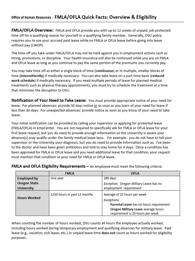 Fmla Ofla - Quick Facts Eligibility | PDF | Family And Medical Leave ...