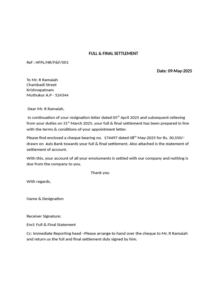 Full & Final Settlement Letter | PDF