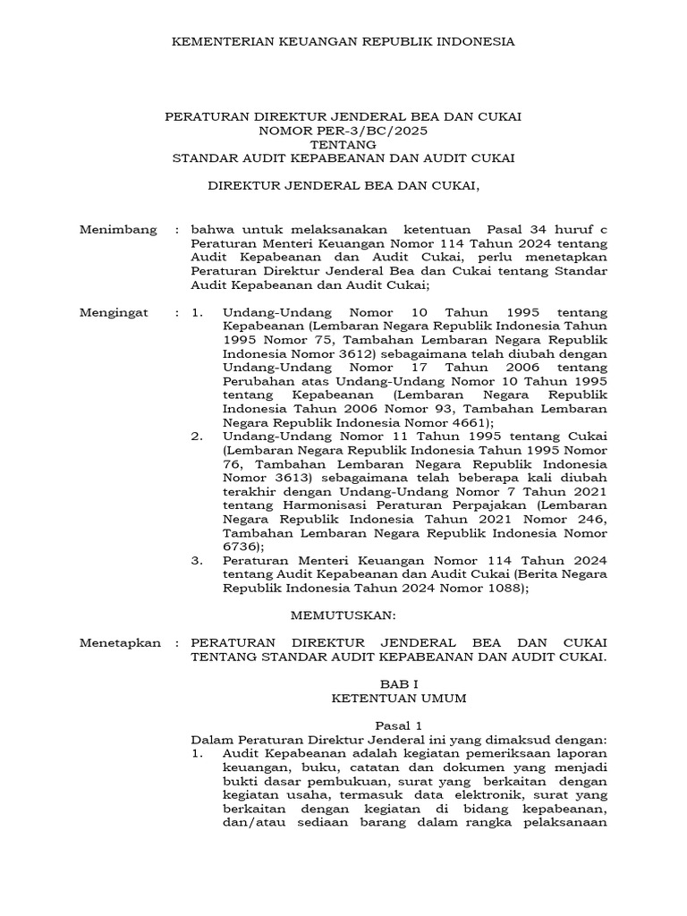 Per-3 - BC - 2025 Standar Audit Kepabeanan Dan Audit Cukai | PDF