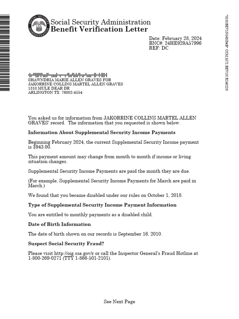 SSI Benefit Verification Letter | PDF