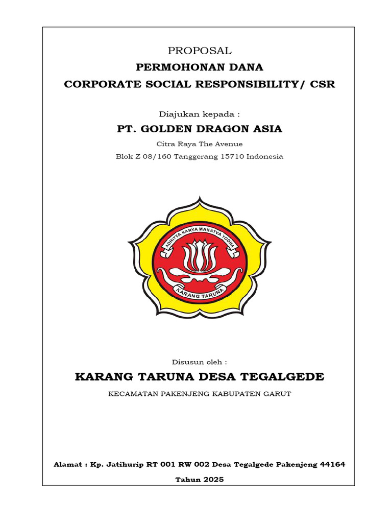 Proposal - Permohonan - Dana - CSR PT Golden Dragon Asia | PDF