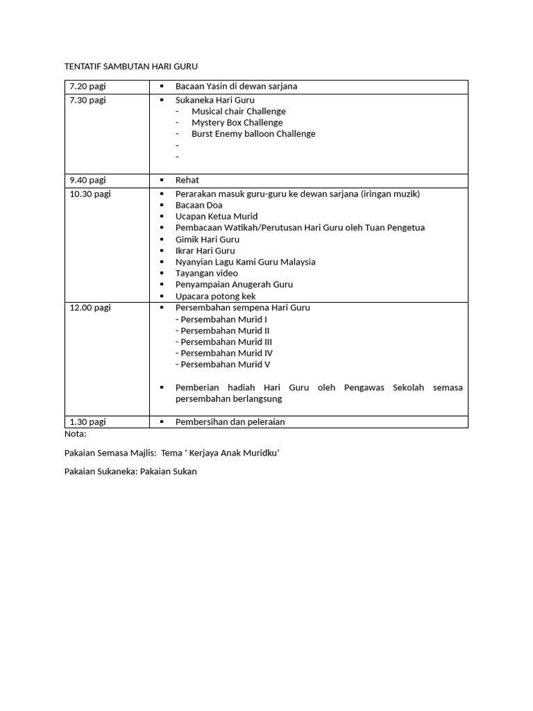 Tentatif Hari Guru 2024 | PDF