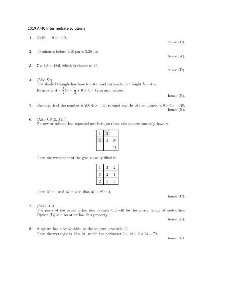 2019 AMC Intermediate Solutions | PDF