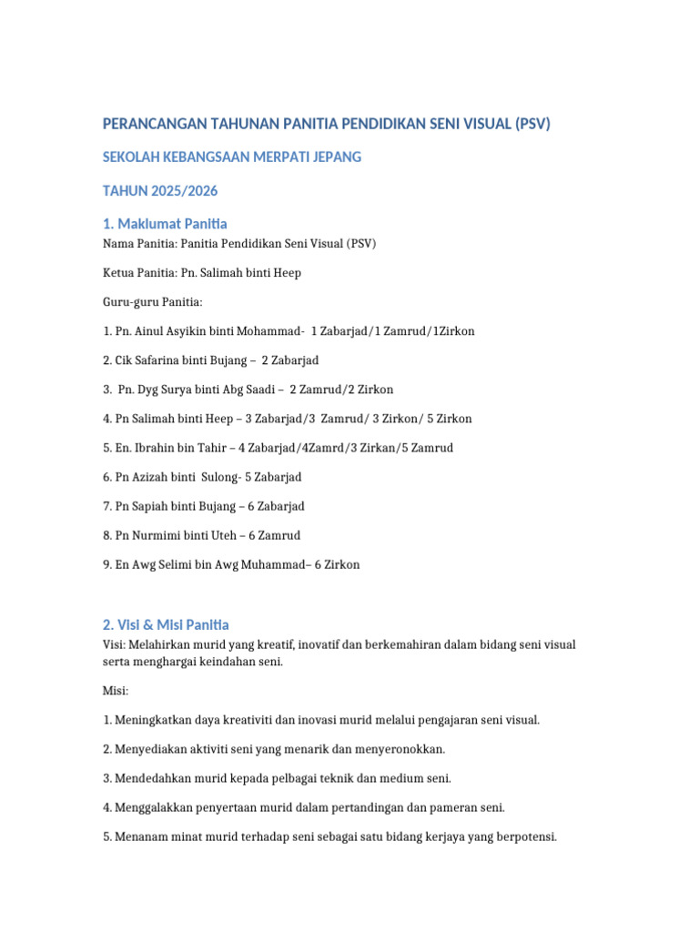 Perancangan Tahunan Panitia PSV (2) | PDF