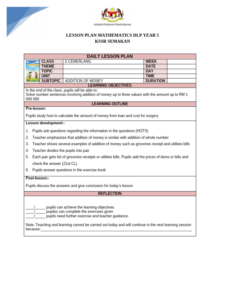 RPH MT DLP THN 5 V3 (Unit 3) | PDF | Lesson Plan | Teachers