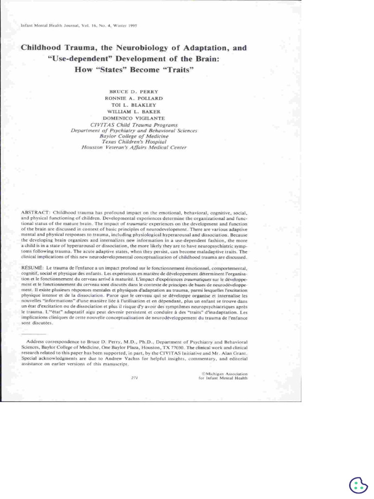Childhood Trauma, The Neurobiology of Adaptation, and - Use-Dependent ...