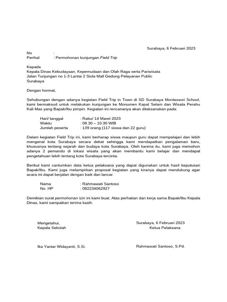 Surat Permohonan Field Trip In-Town 2023 | PDF