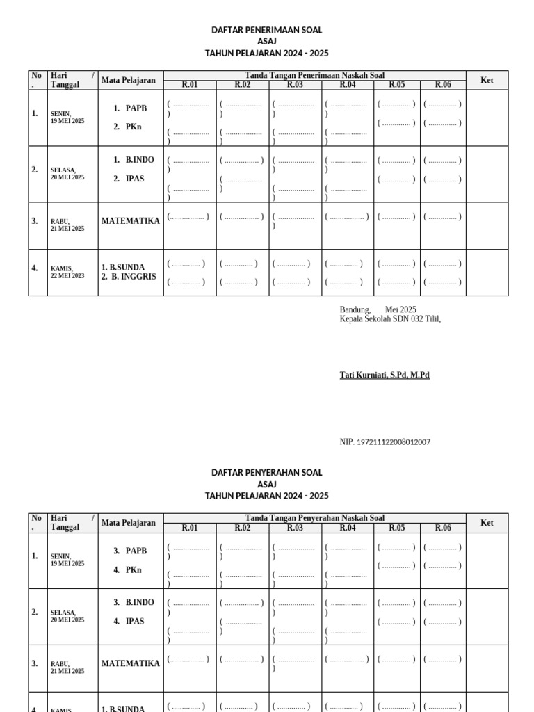 DAFTAR PENERIMAAN Dan PENYERAHAN SOAL | PDF
