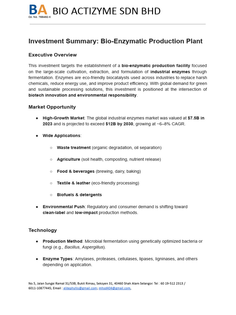BA Biotech Proposal EnzPlant 20250506 - Merged | PDF | Biotechnology