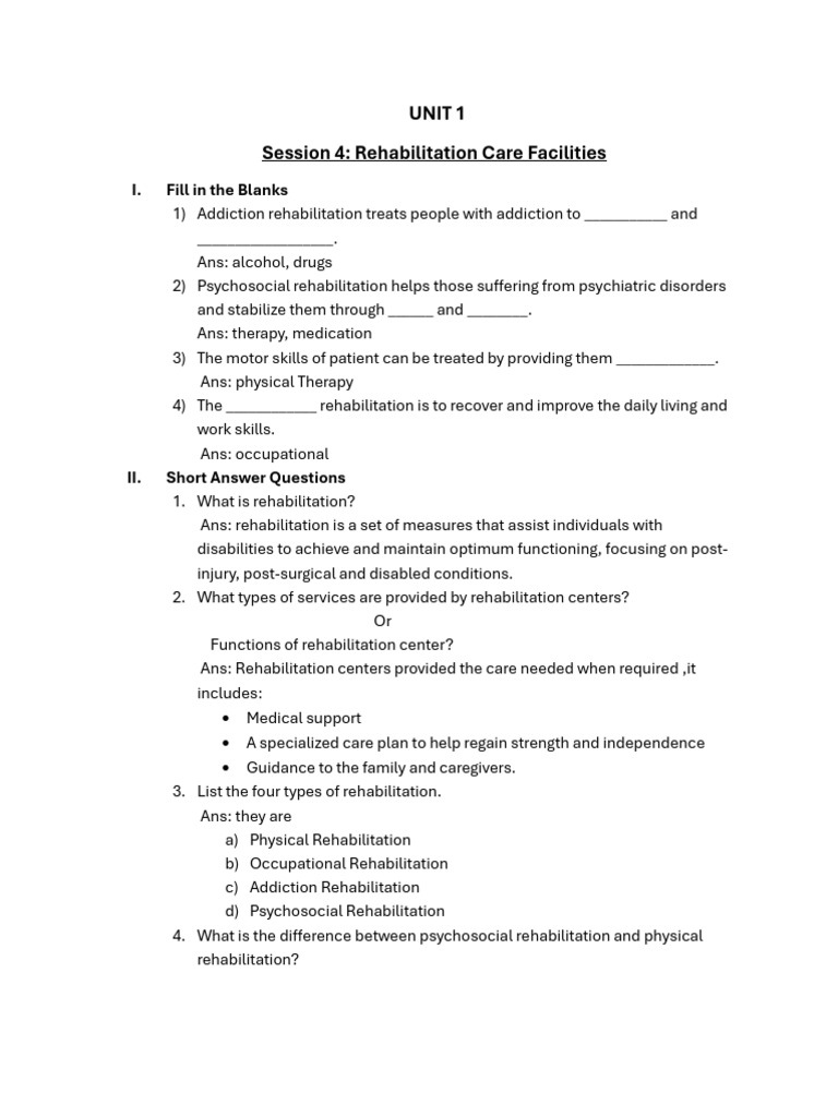 Unit 1 Session 4 Rehabilitation Care | PDF | Physical Therapy | Drug Rehabilitation