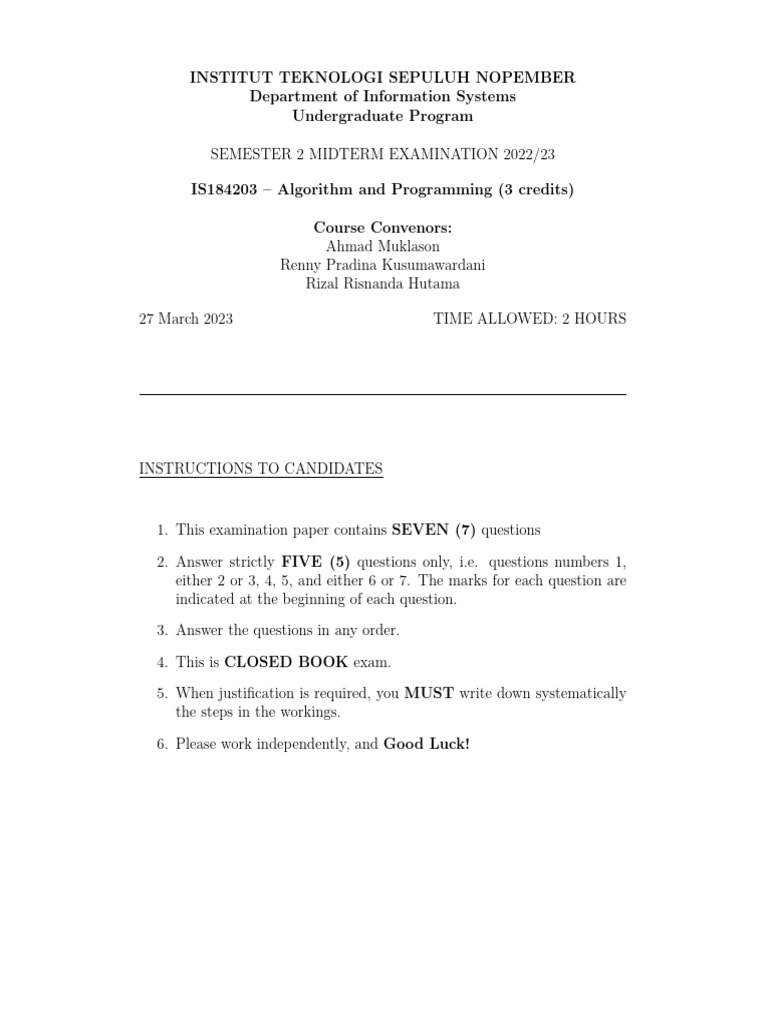 IS184203 Algorithm and Programming MT Paper 2023 | PDF | Computer Programming | Software Engineering