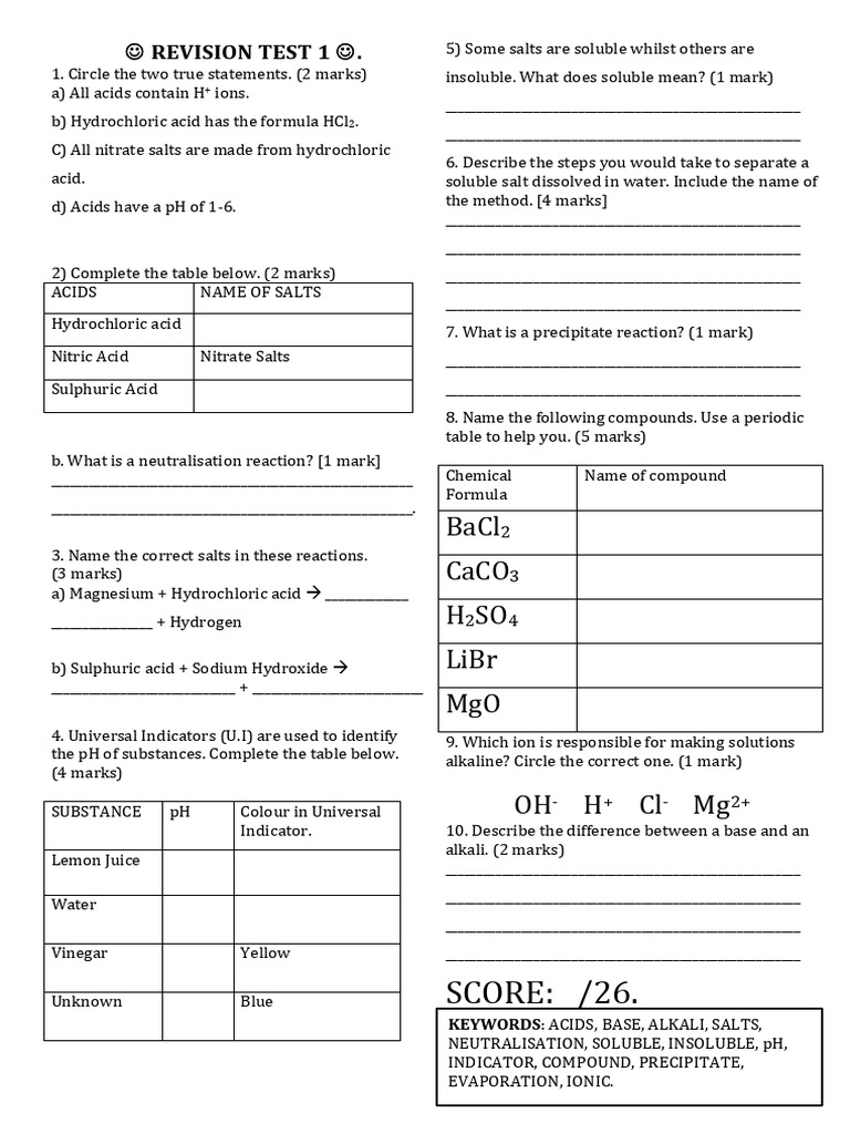 Revision Test Acids, Bases, Salts and Neutralisation - 1 | PDF | Salt ...