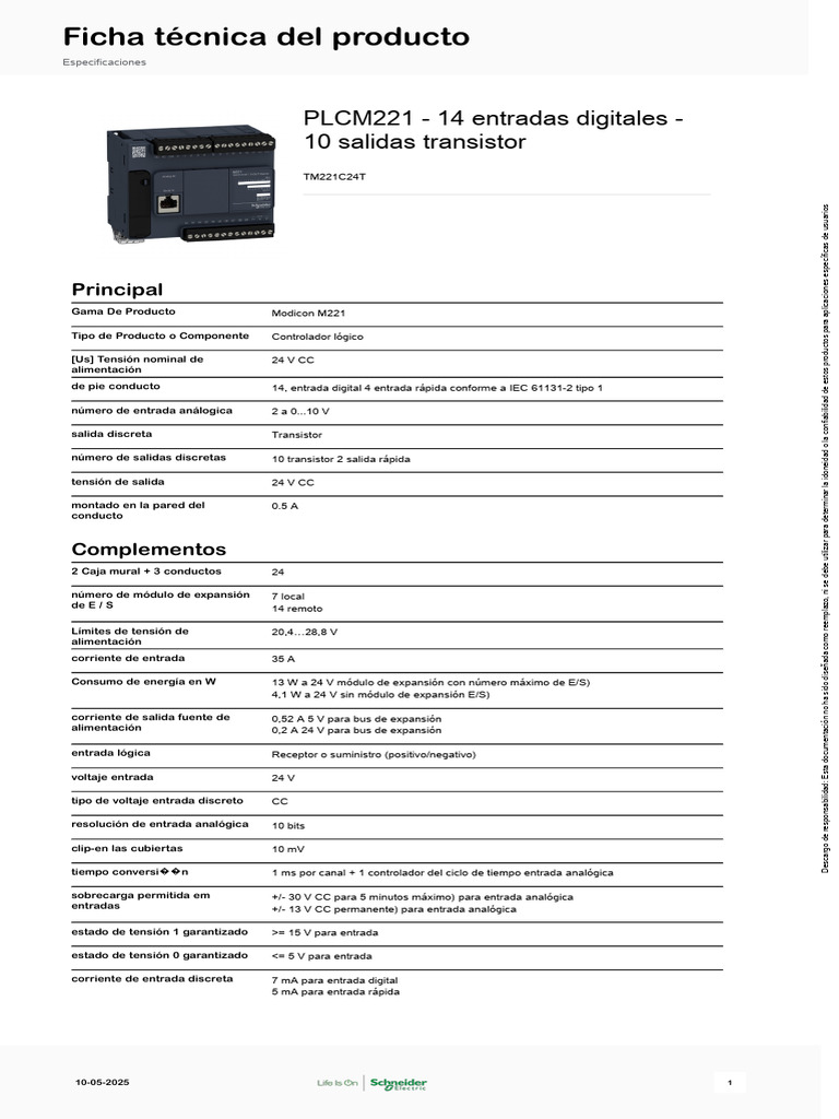 Schneider Electric Logic Controller Modicon M221 TM221C24T | PDF | Corriente continua | Transistor