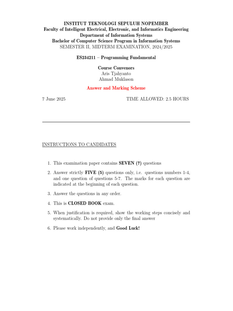 ES234211 Programming Fundamental MT Marking Scheme 2025 | PDF | Boolean Data Type | Integer ...