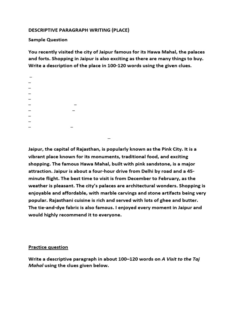 DESCRIPTIVE PARAGRAPH WRITING Place 2 | PDF