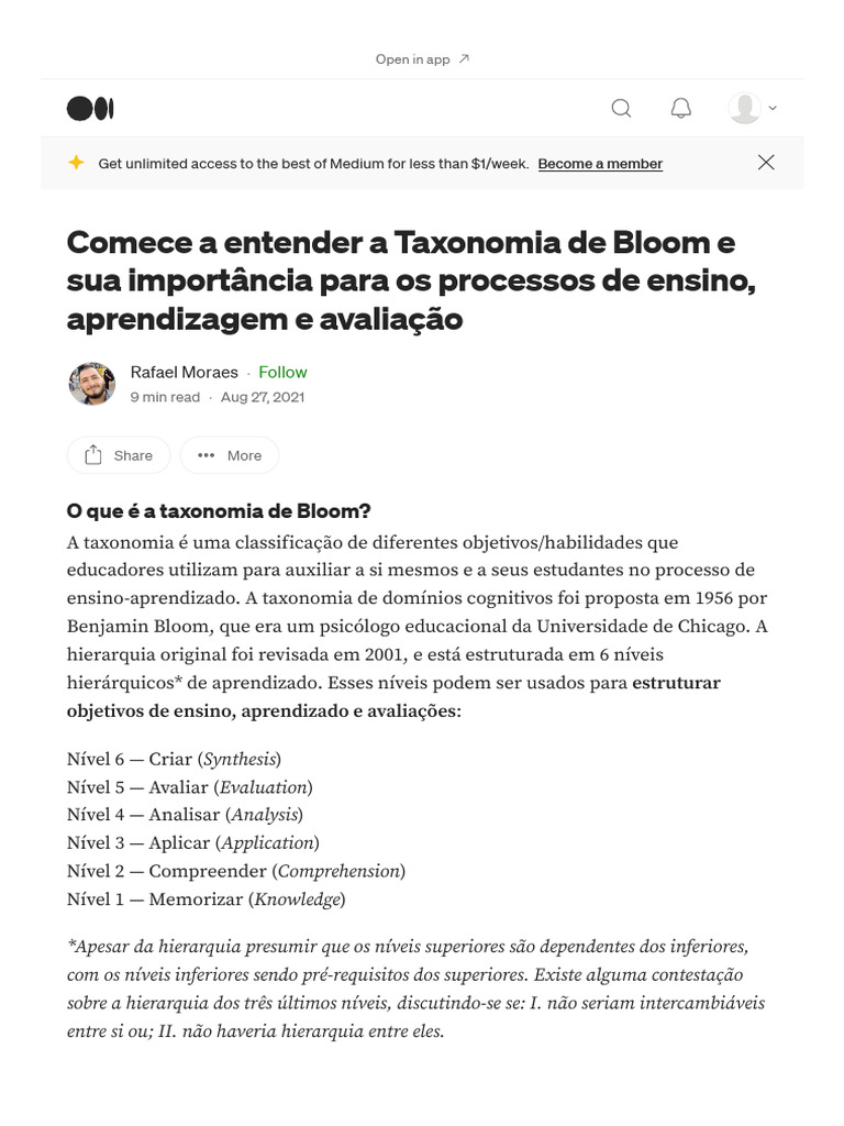 82 Comece A Entender A Taxonomia de Bloom ... by Rafael Moraes - Medium | PDF | Aprendizado | Tempo