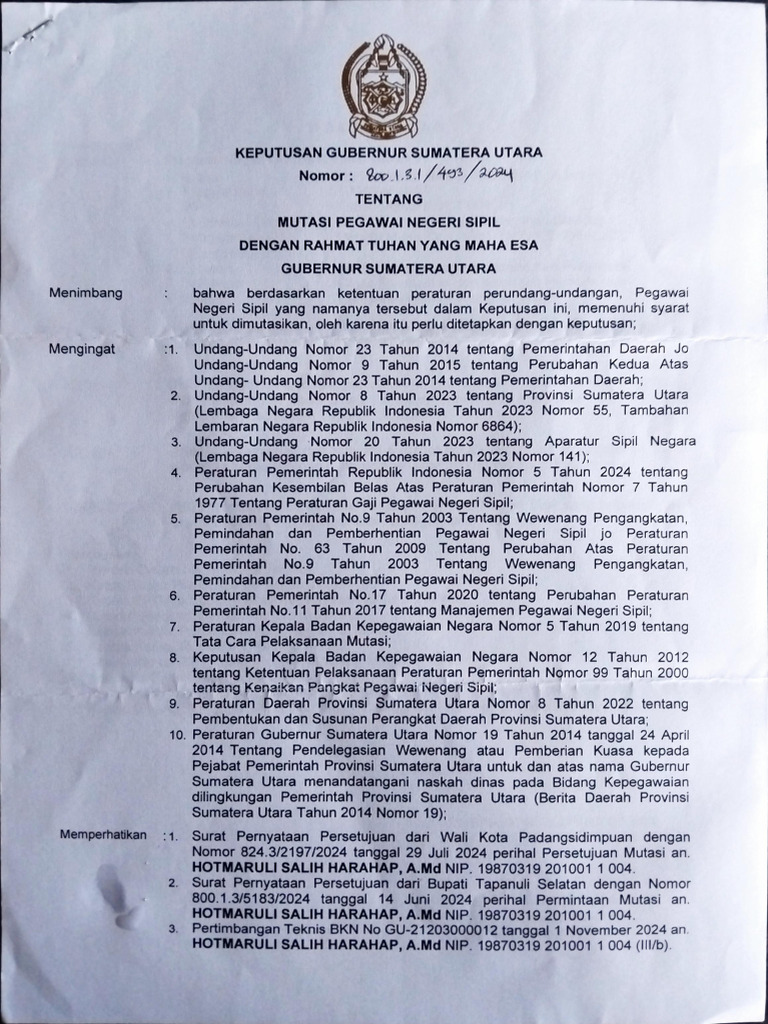 SK Gubernur pindah. 1 | PDF