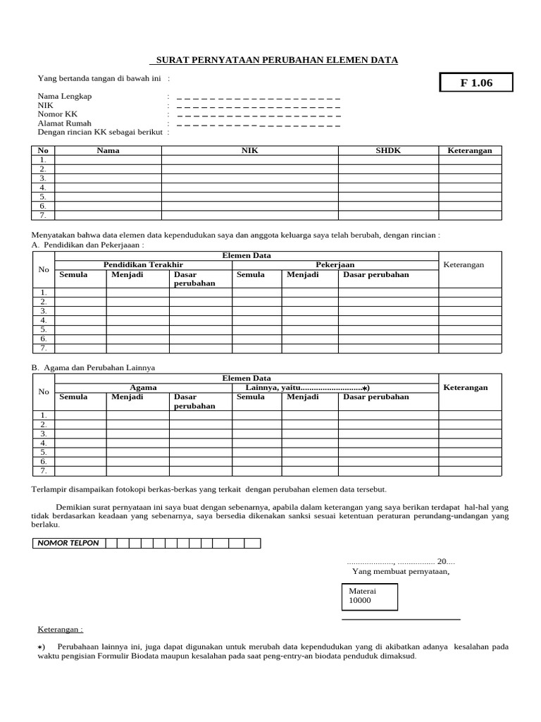 F - 1. 06 Formulir Perubahan Elemen Data | PDF