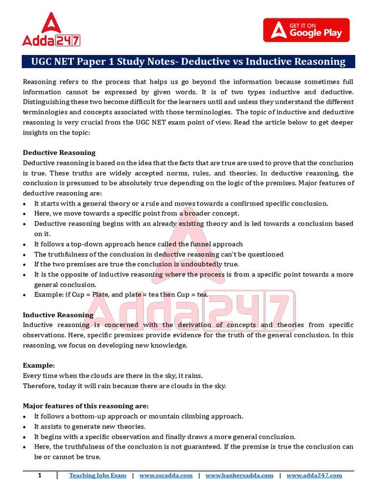 UGC NET Paper 1 Study Notes - Deductive Vs Inductive Reasoning - 8827 ...