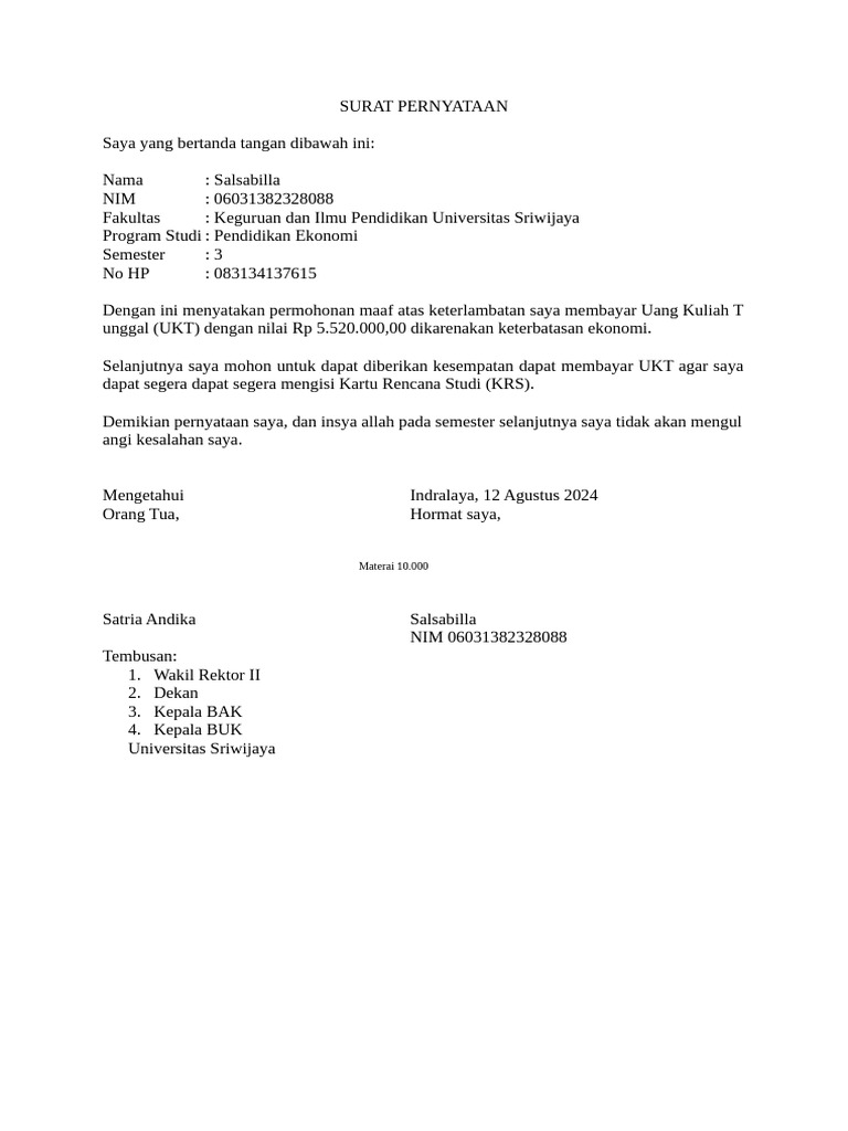 Surat Pernyataan Ukt | PDF