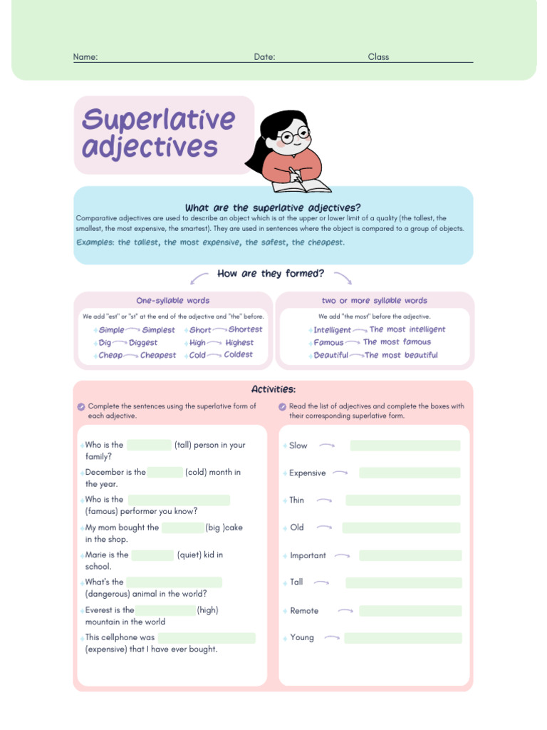Homework 1 Superlative Adjectives Grammar Worksheet. | PDF