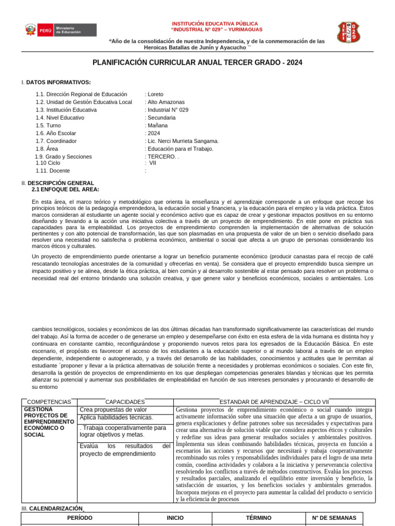 Planificación Anual Tercer Grado Ept - Formato - 2024 | PDF | Iniciativa empresarial | Aprendizaje